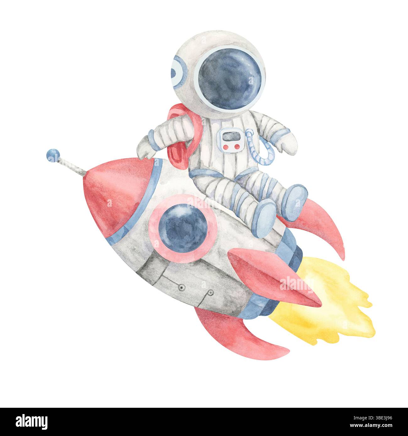 Watercolor illustration of a red and blue rocket with red fins and a ...
