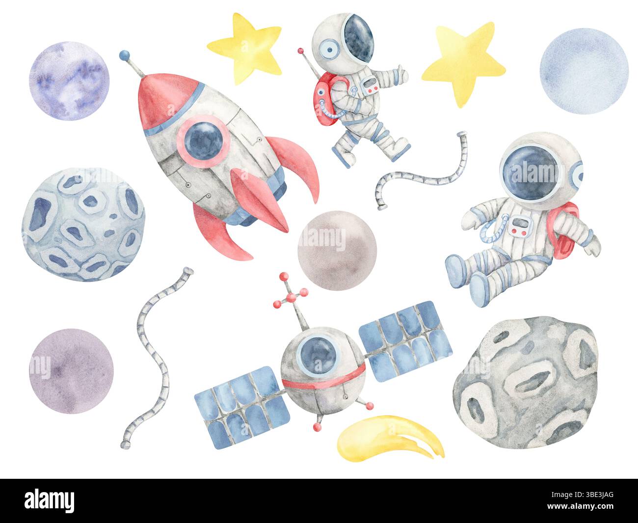 Gray satellites, red blue rockets, yellow stars, pale planets, and ...