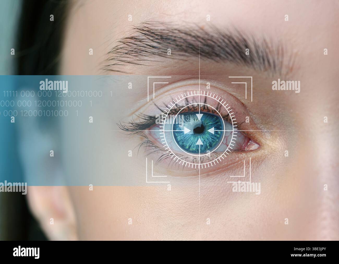 Close-up view of a human eye with digital scanning technology overlay ...