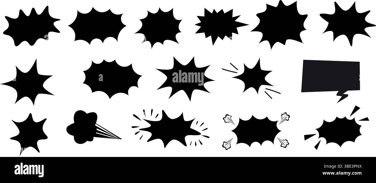 Comic style boom, explosion, and speech bubbles set. Black silhouette ...