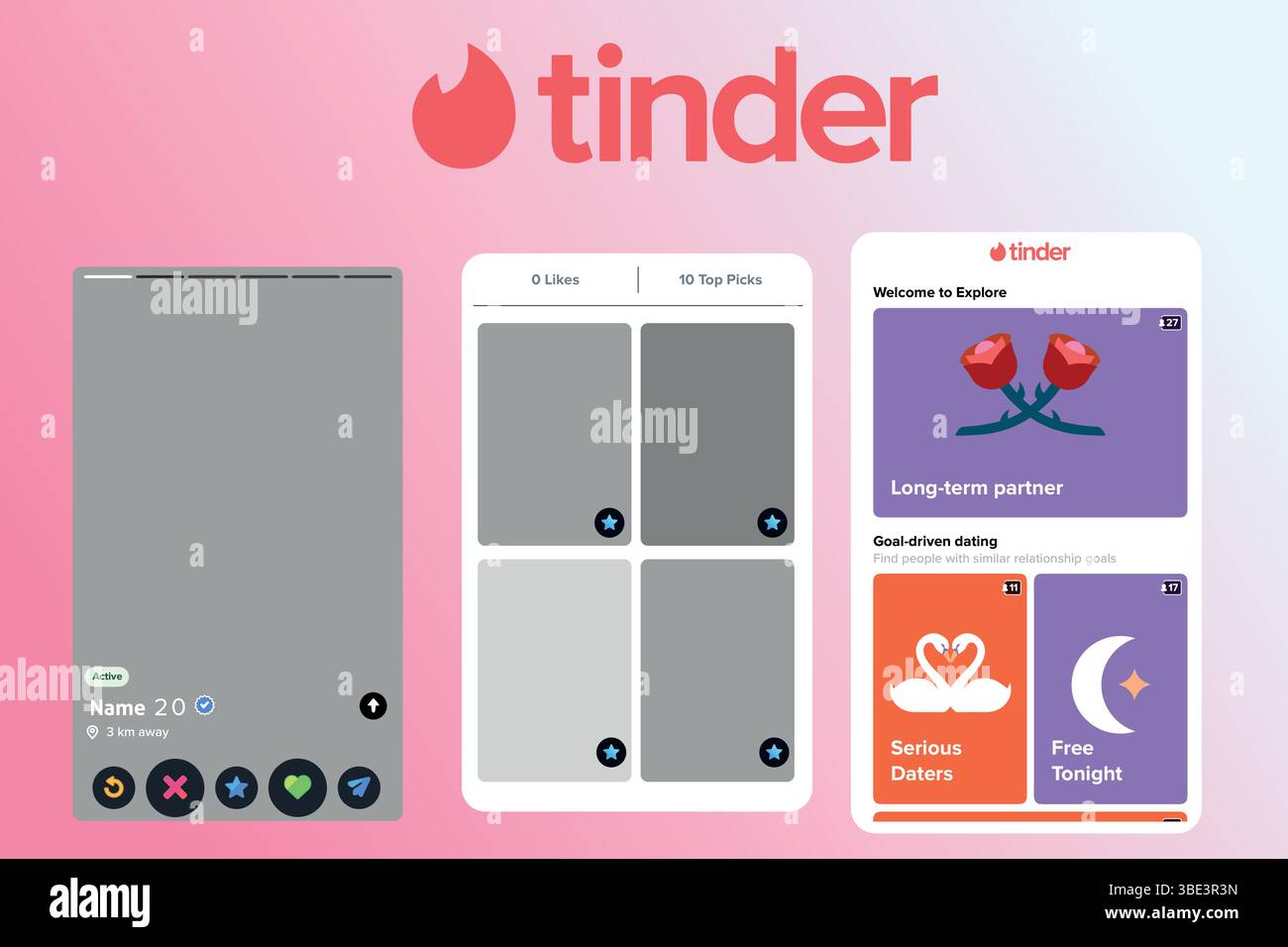 Modern dating app UI inspired by Tinder. Social media match interface mockup. Teender-style ...
