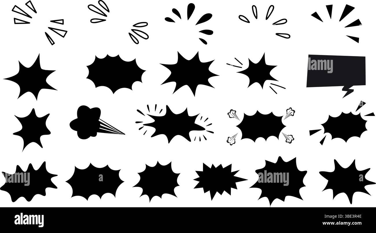 Comic style boom, explosion, and speech bubbles set. Black silhouette ...