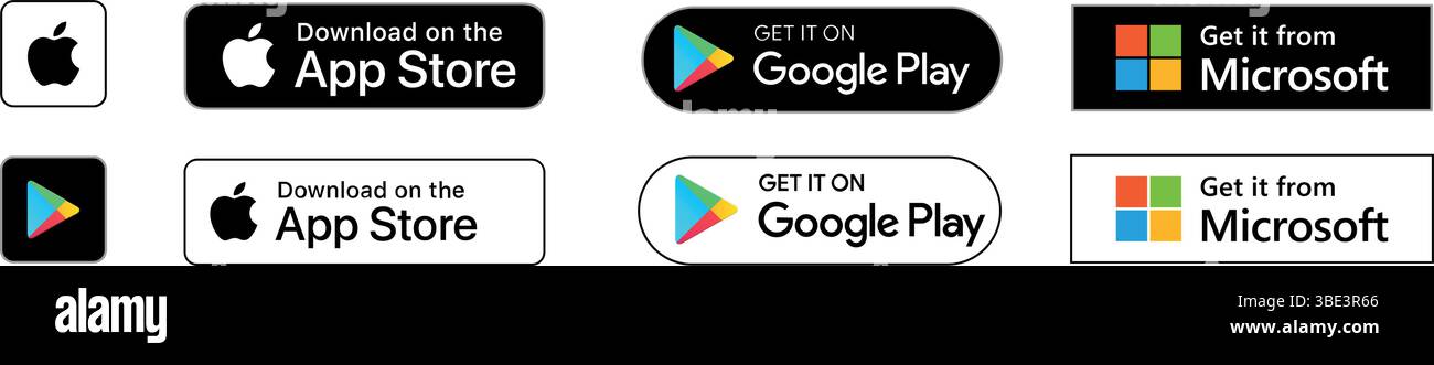 Apple App Store, Google Play, Microsoft Store Download Buttons Set on Transparent Background ...