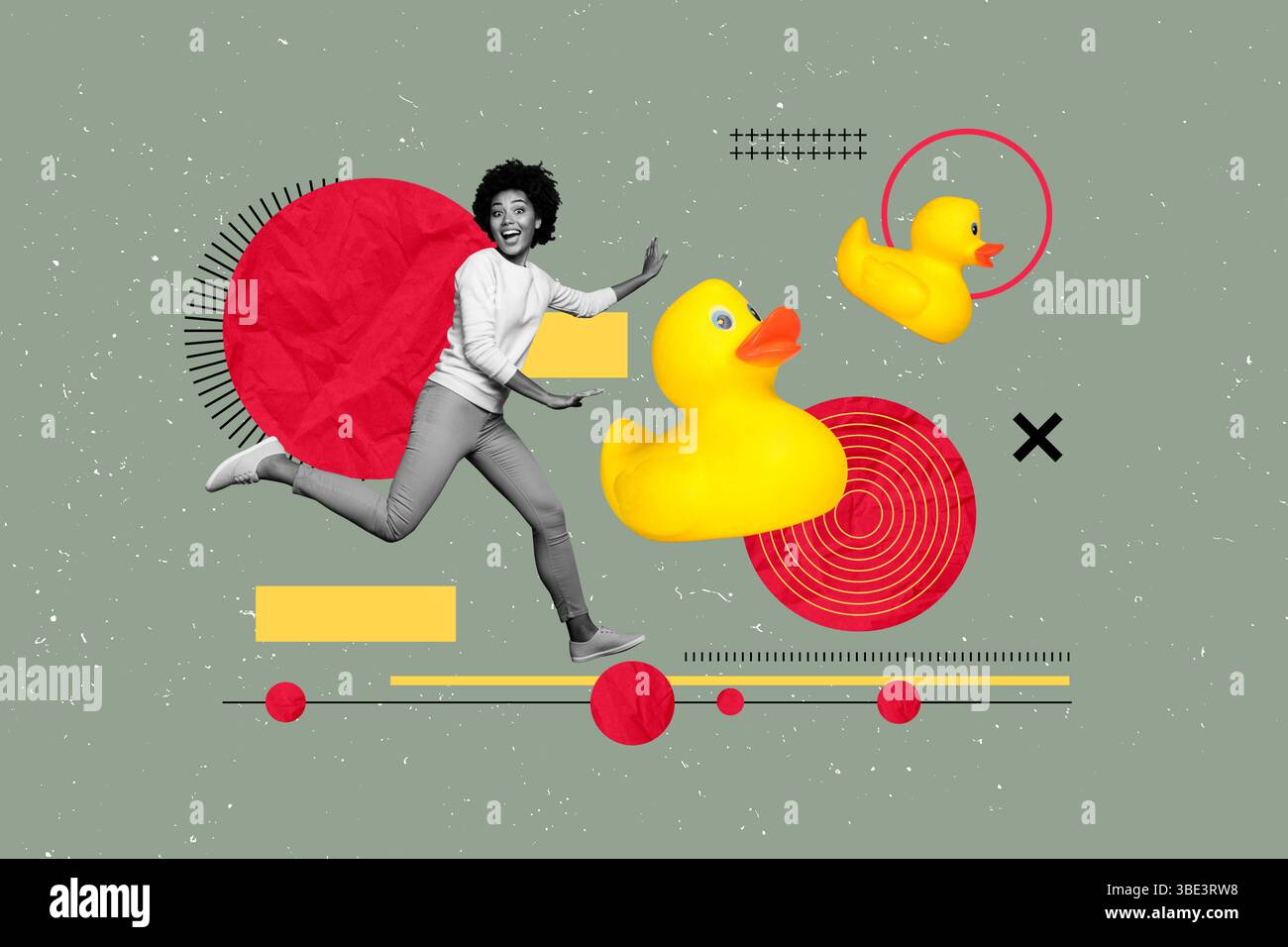 Poster surreal collage of person run stand on green background with ...