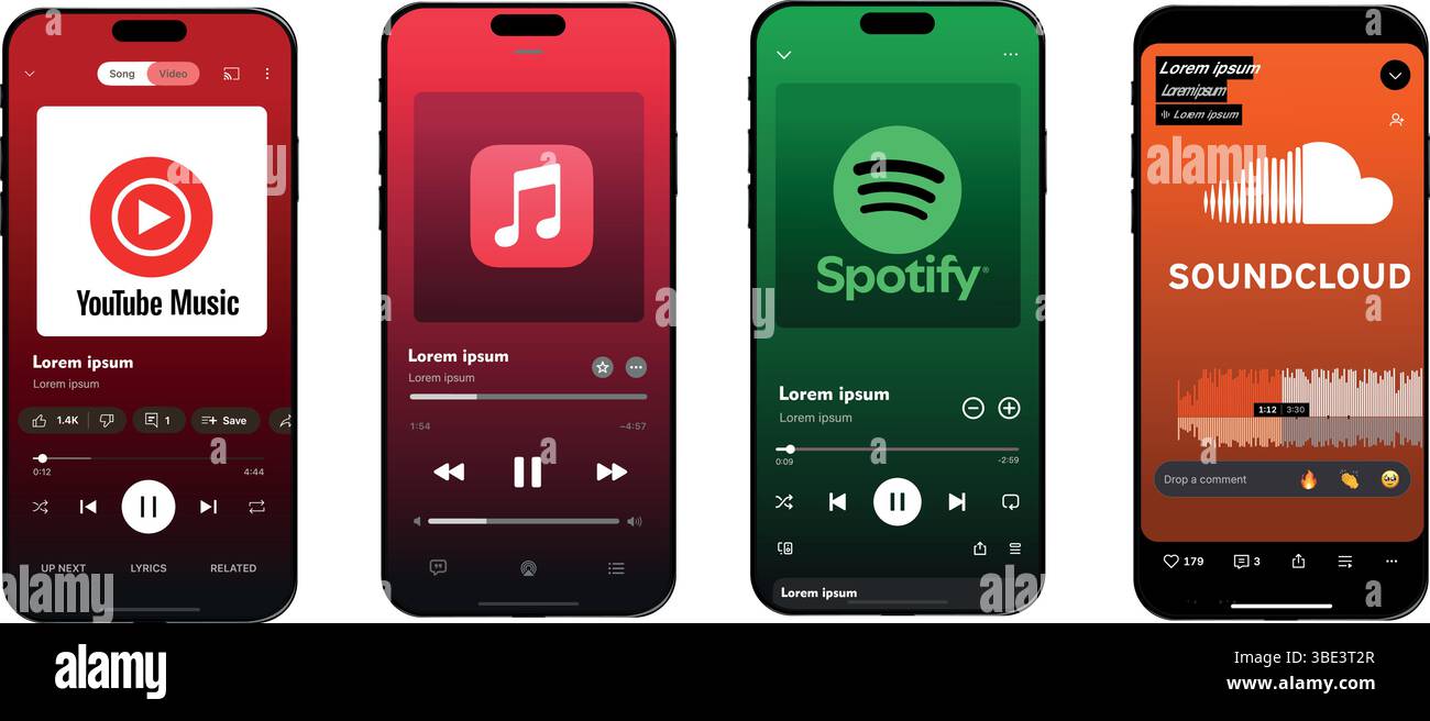 Spotify, Apple Music, YouTube Music , Soundcloud interfaces icons. Editorial interface mockup of ...