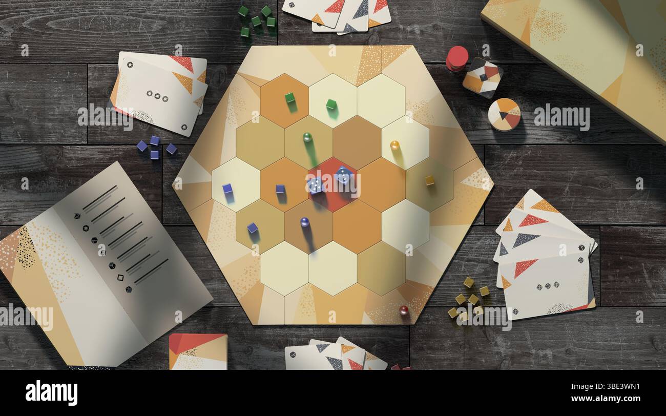 Colored board game field with chips, dice and cards mockup, 3d ...