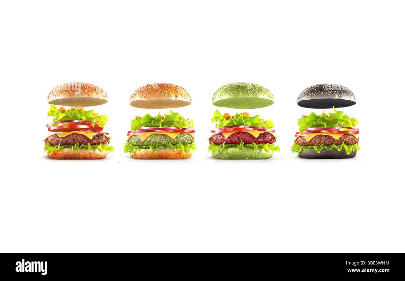 Beef and vegan hamburger with falling bun mockup, front view, 3d ...