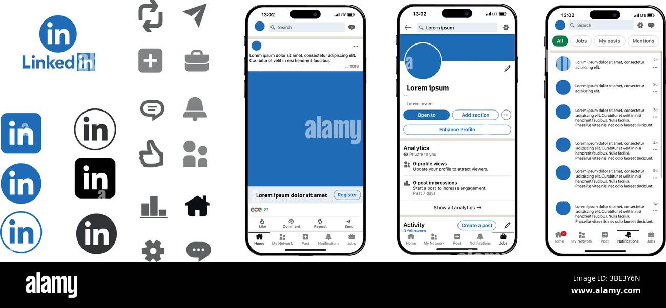 Vector mockup of LinkedIn mobile app interface displayed on iPhone 16e. Includes screen frame ...