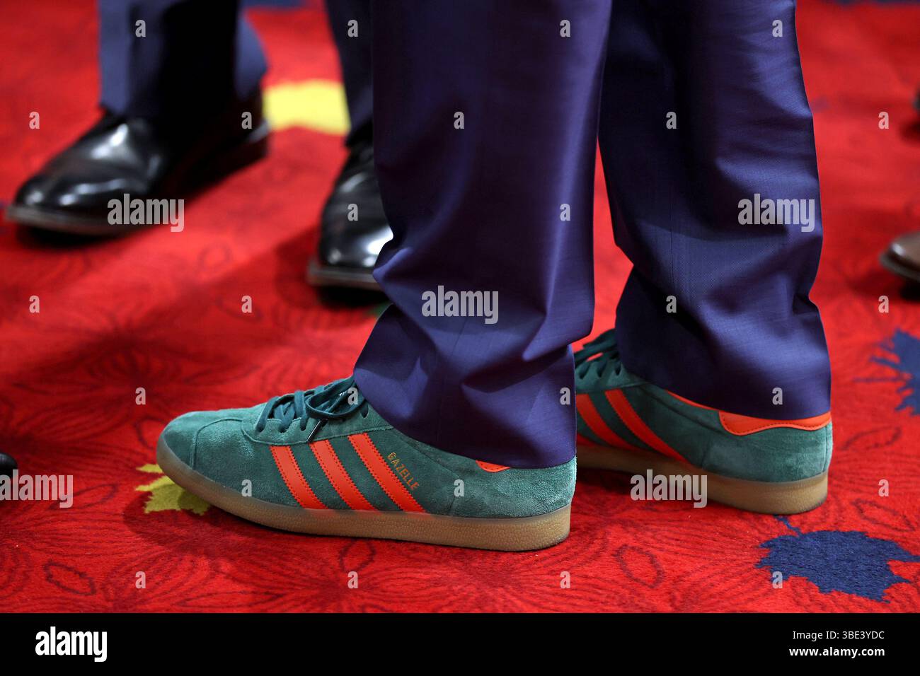 A view of former prime minister of Canada Justin Trudeau's Adidas shoes ...