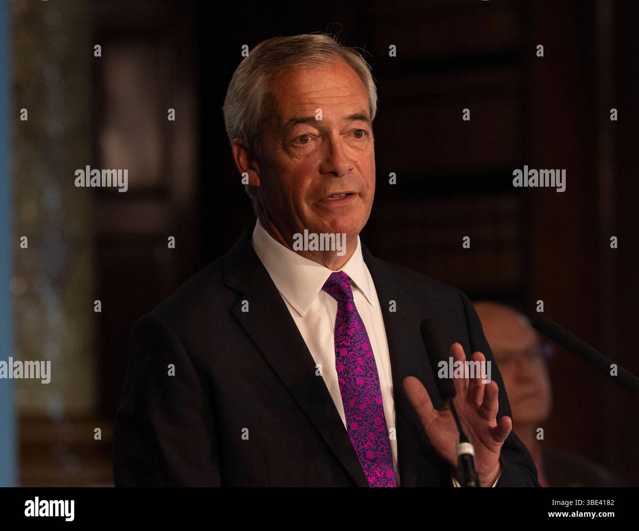 London, UK. 27th May, 2025. Reform leader, Nigel Farage, gives a speech ...