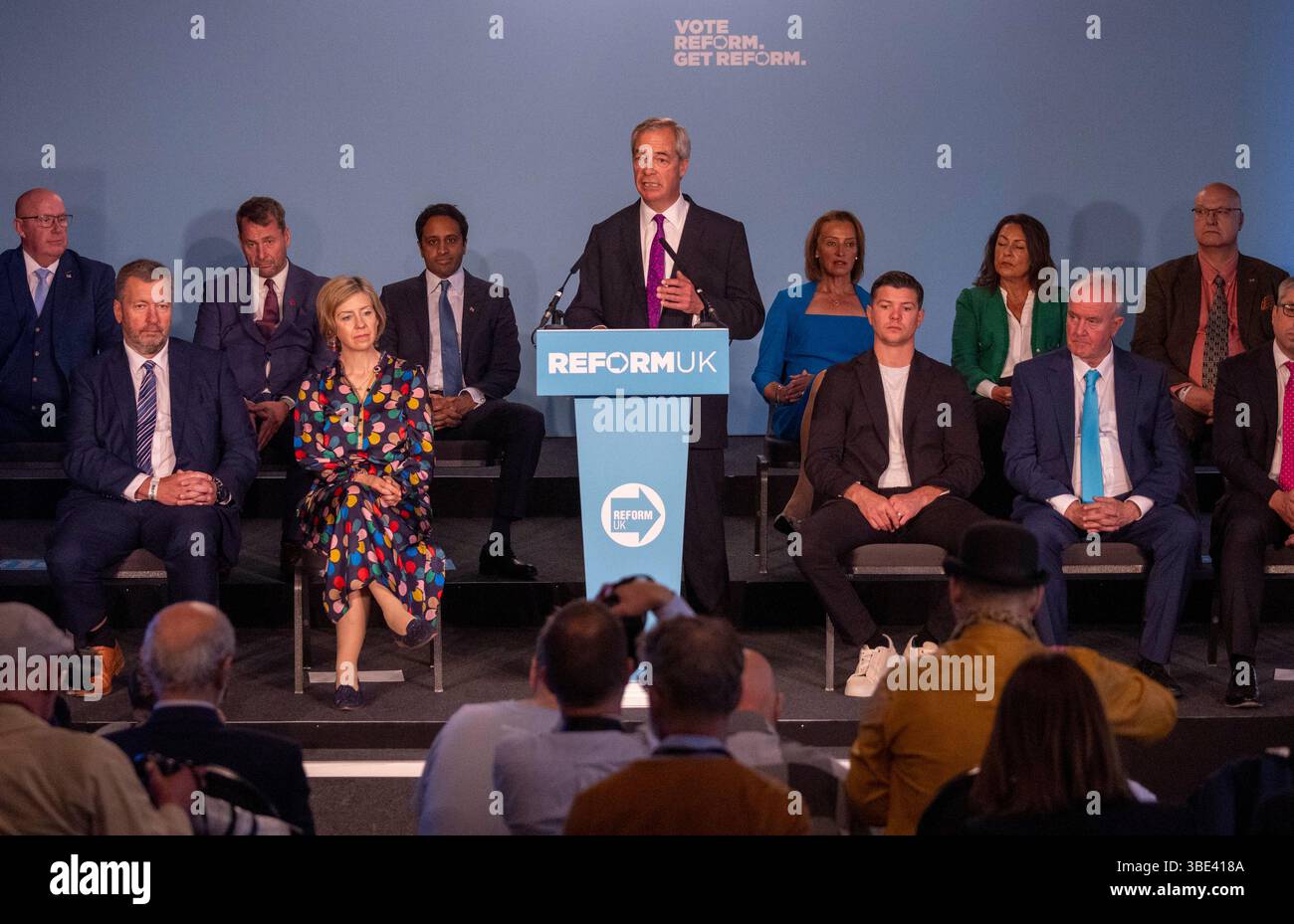 London, UK. 27th May, 2025. Reform leader, Nigel Farage, gives a speech ...