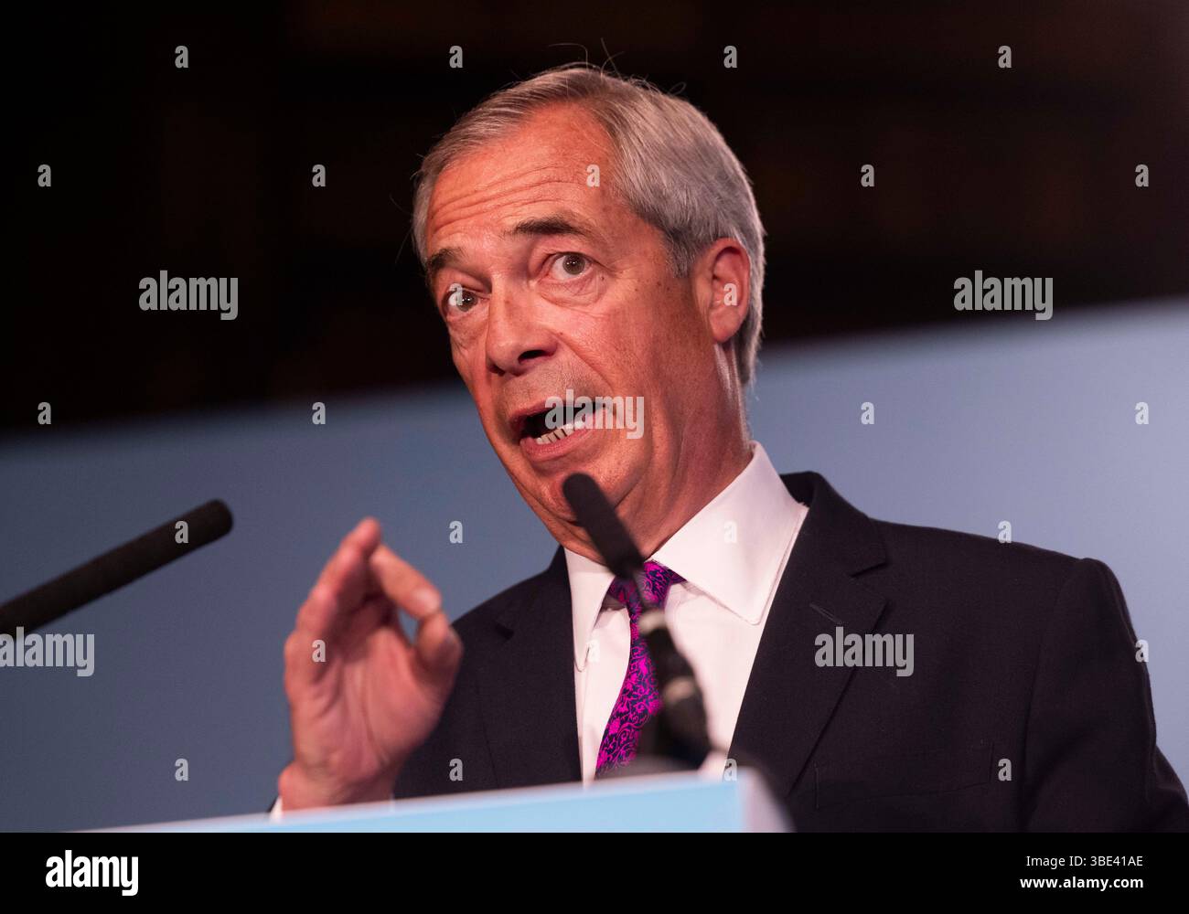 London, UK. 27th May, 2025. Reform leader, Nigel Farage, gives a speech ...