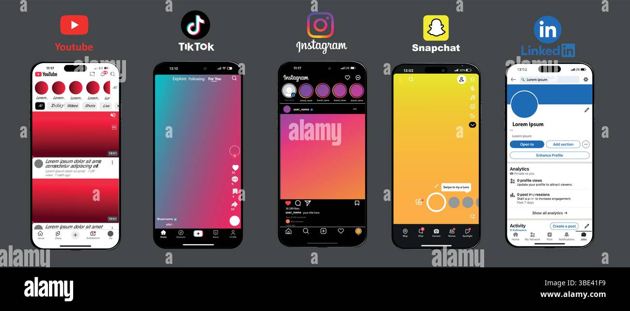 UI mockup 2025 for Instagram, YouTube, TikTok, Snapchat, and LinkedIn ...