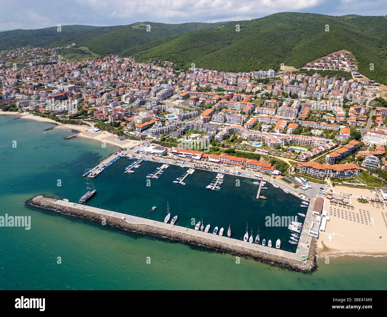 Aerial view of Sveti Vlas, a Bulgarian seaside resort town with a ...