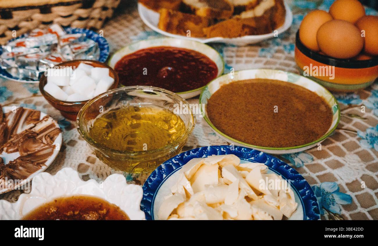 Traditional Moroccan breakfast with bread, olive oil, amlou, and argan ...