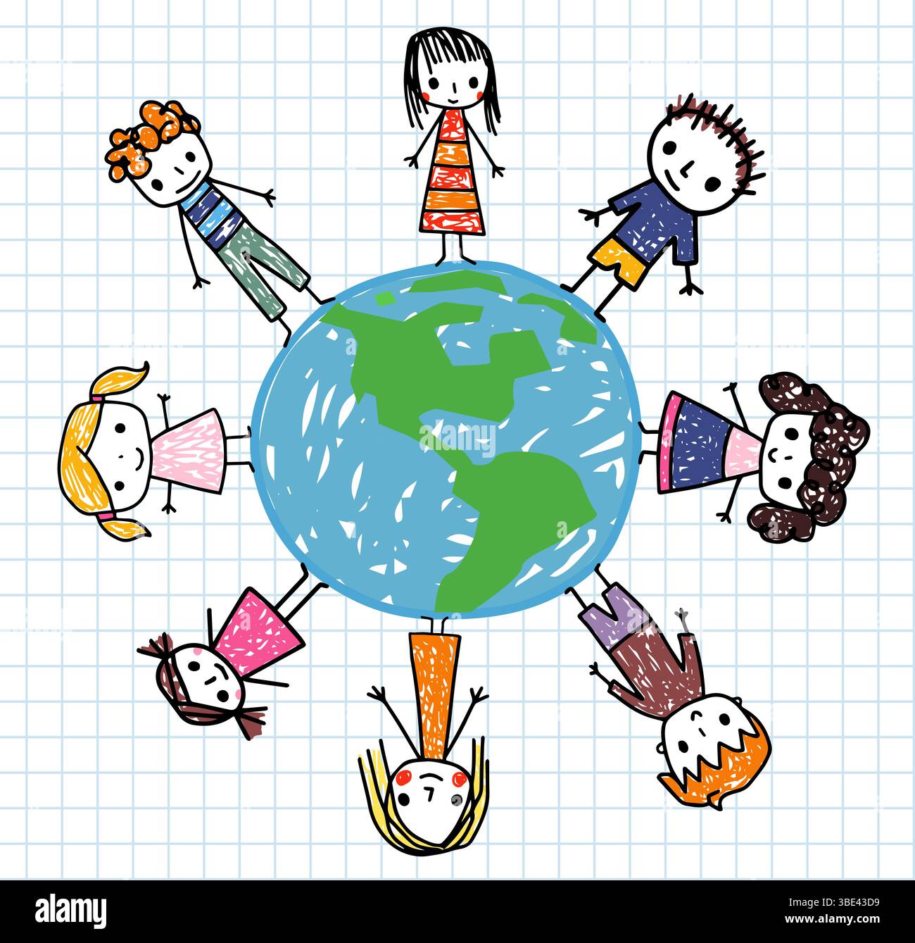 Cute illustration of kids stick figures in a circle around a drawing of ...