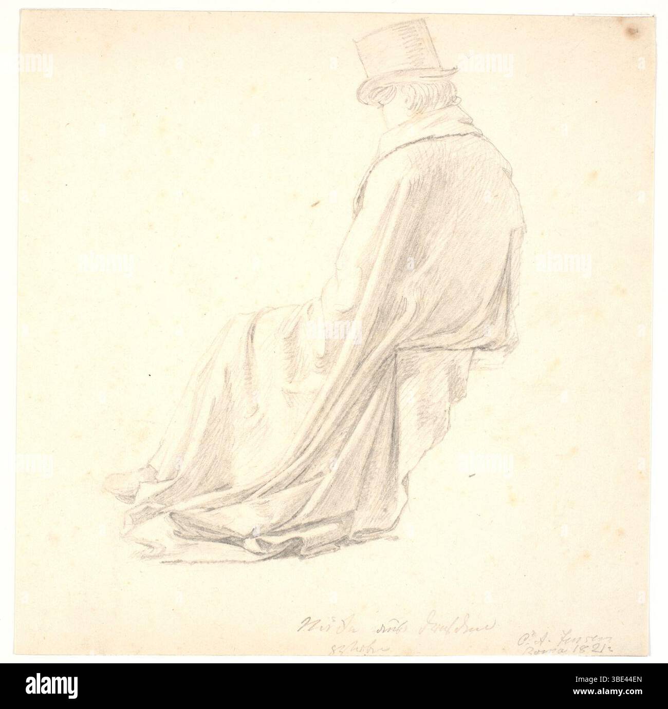 CA Jensen, Siddende mand i kappe og høj hat, set skråt fra ryggen, 1821 ...