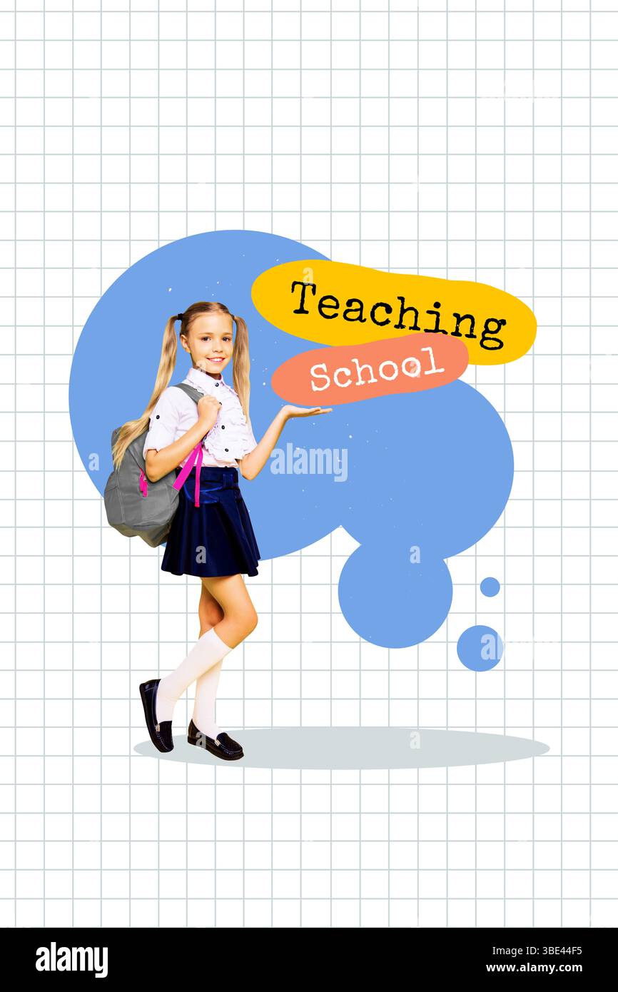 Composite 3D photo collage design sketch of young girl stand hand hold ...