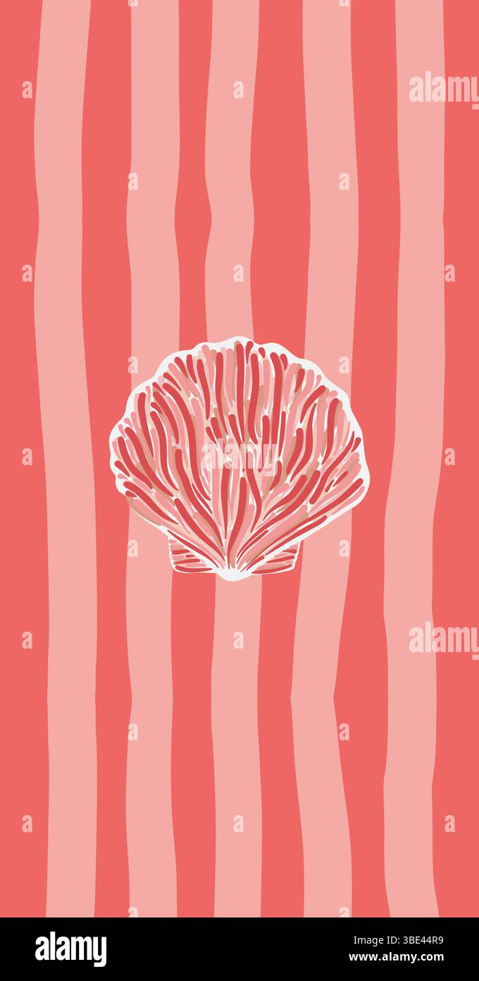 Abstract illustration of a pink seashell on a striped coral design ...