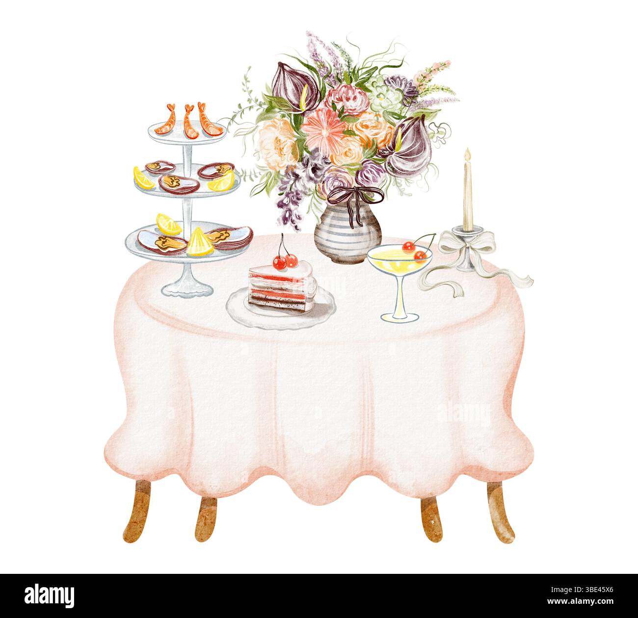 Watercolor illustration Table for dinner with wine, candles, and ...