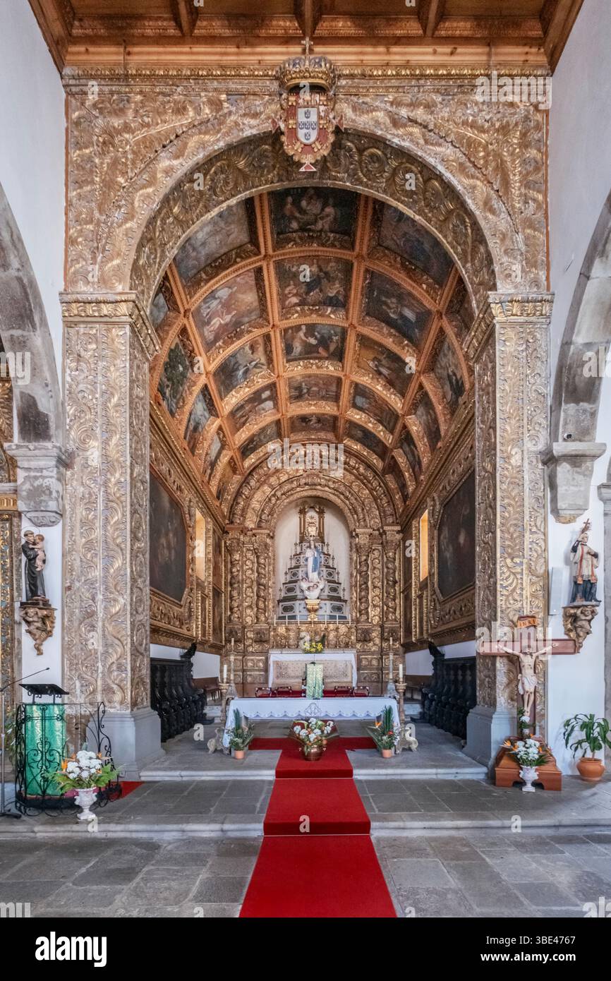 Historic Church Interior With Ornate Coffered Ceiling And Red Carpet ...