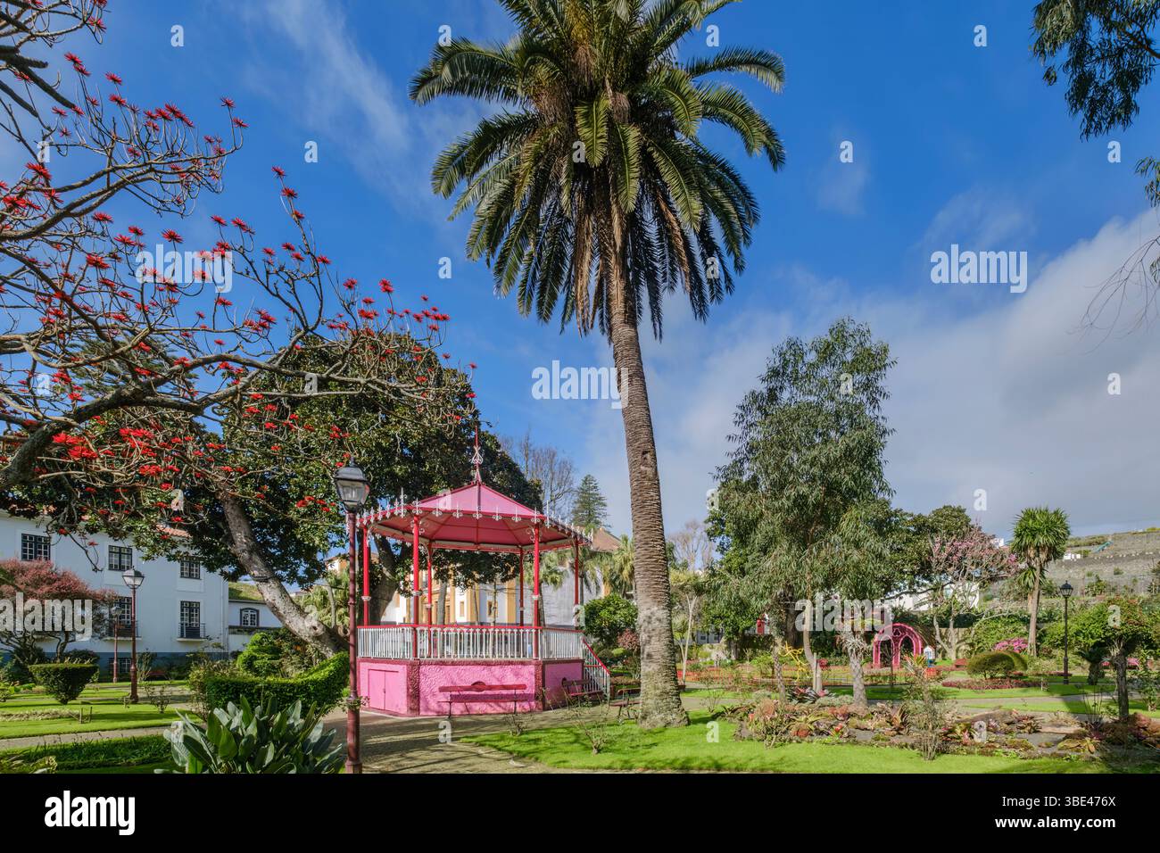 Charming Pink Victorian Gazebo In Tropical Garden With Palm Trees And ...
