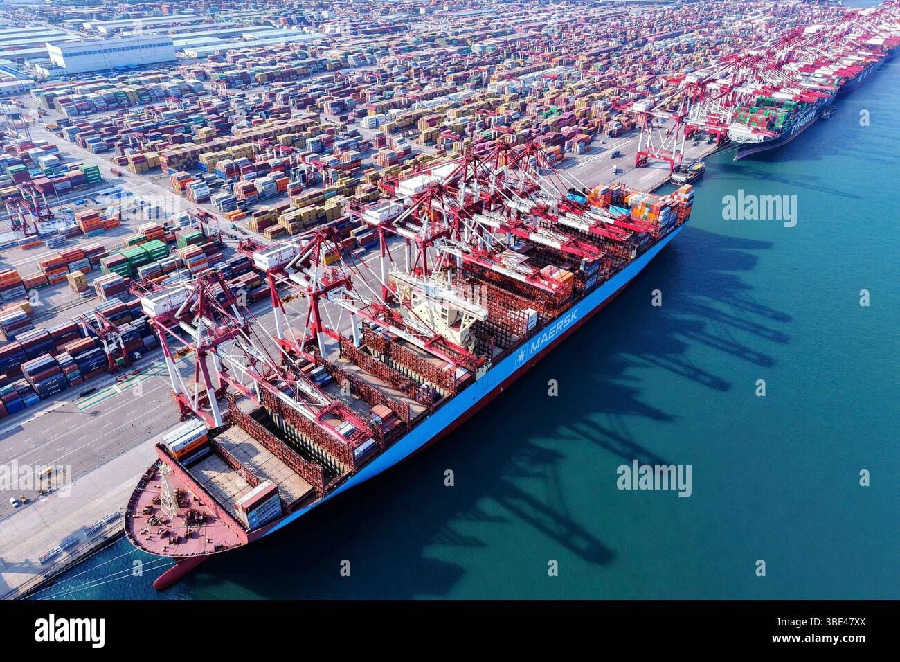 Aerial view of a container terminal in Qingdao in east China's Shandong ...