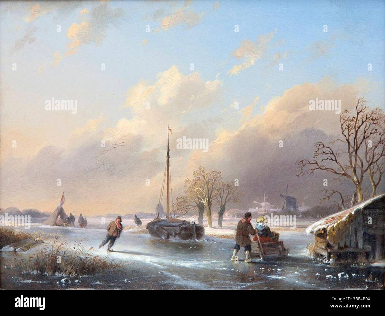 Jan David Geerling Grootveld - A frozen river with peasants pushing a ...