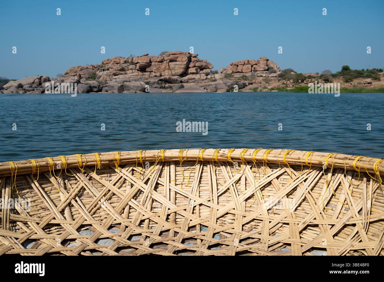 Coracle boats at the Tungabhadra River in Hampi, India, traditional ...