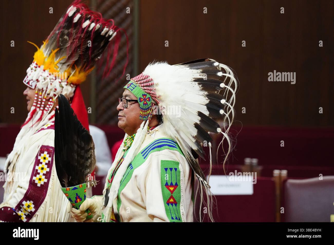 Ottawa, Canada. 27th May, 2025. Siksika Nation Chief Ouray Crowfoot, left, and Elder Leonard ...
