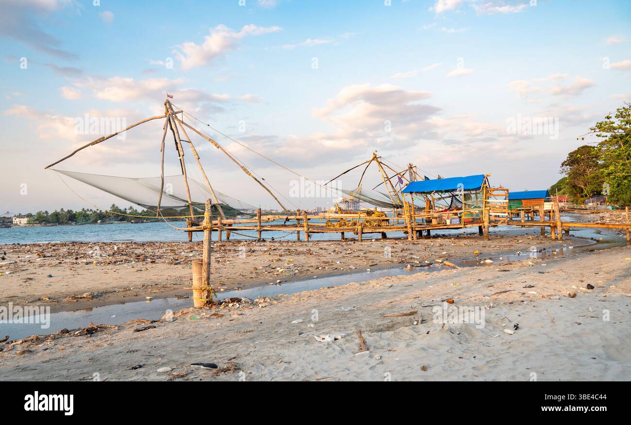 Chinese fishing nets on the shore of Kochi, Kerala in India, Cheenavala ...