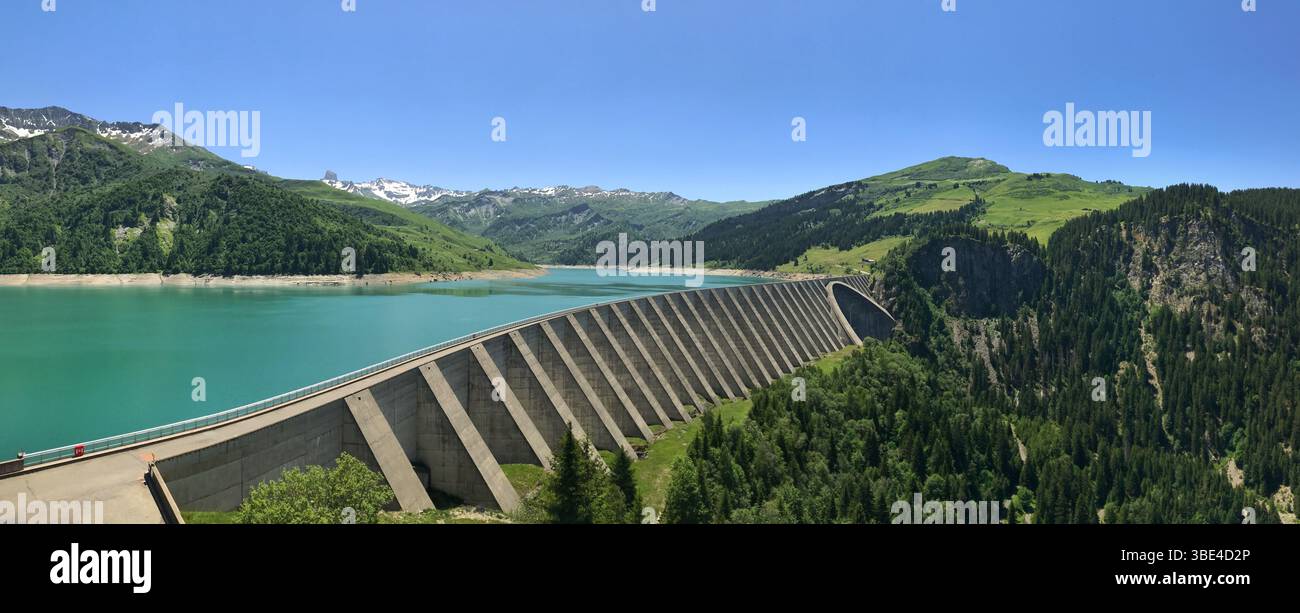 Wide-angle panoramic image showcasing a prominent dam in a breathtaking ...