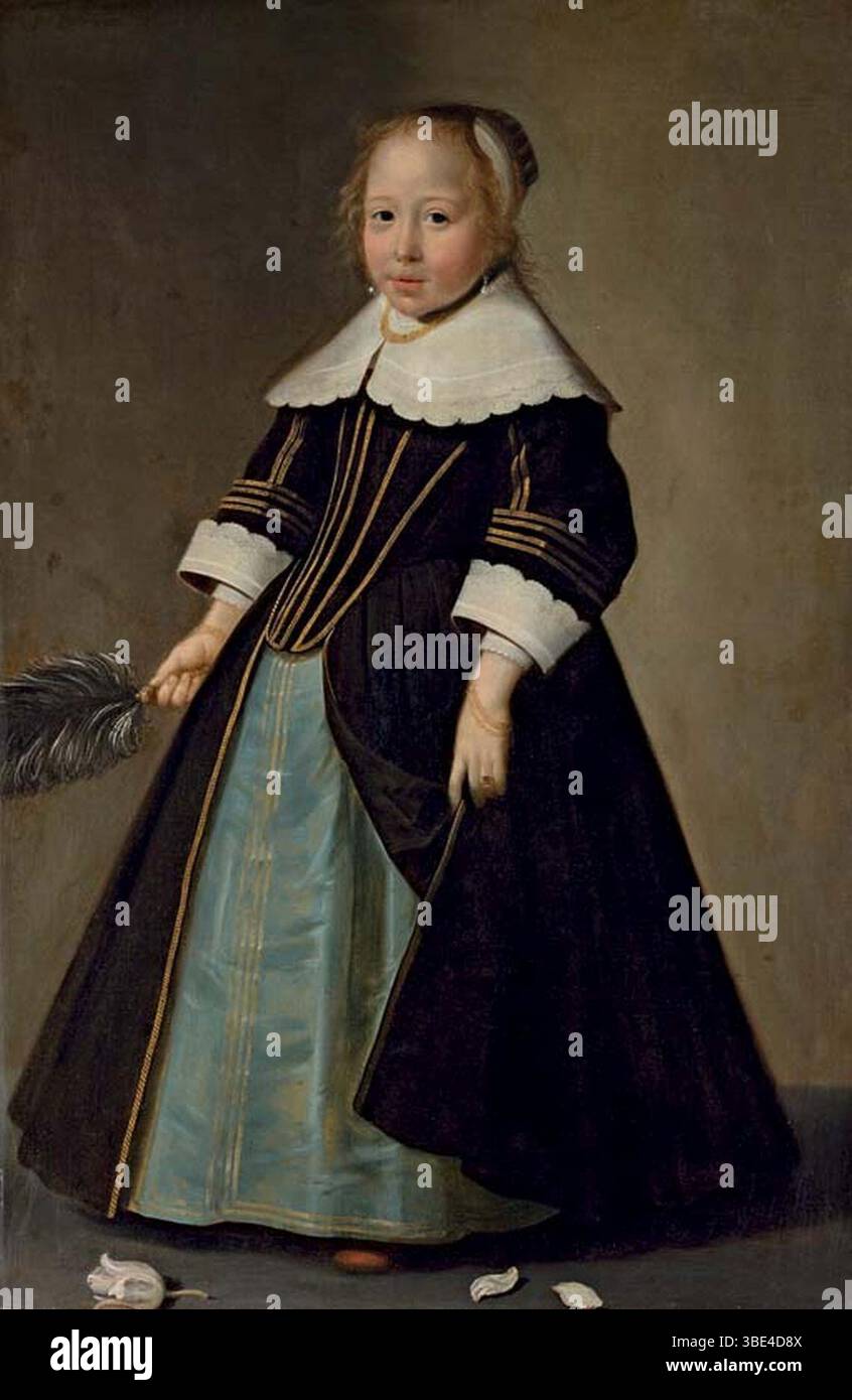Jan Jansz de Stomme - Portrait of a girl in a blue and black dress with ...