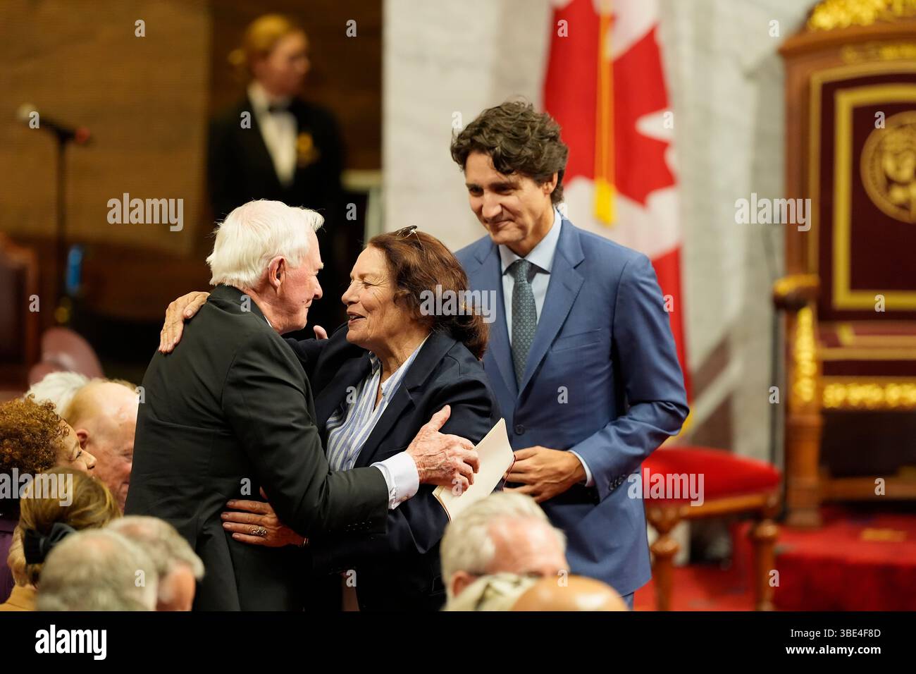 Ottawa, Canada. 27th May, 2025. Former governor general David Johnston, left, greets Margaret ...