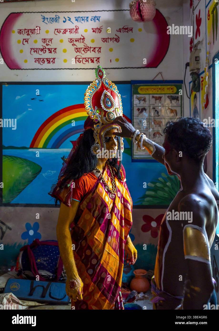 Devotee dressing in a school for Charak Puja hindu festival, Sylhet Division, Kamalganj ...