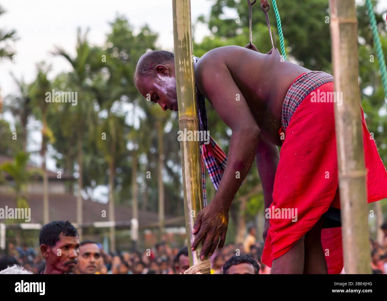 Body suspension with hooks during Charak Puja hindu festival, Sylhet Division, Kamalganj ...