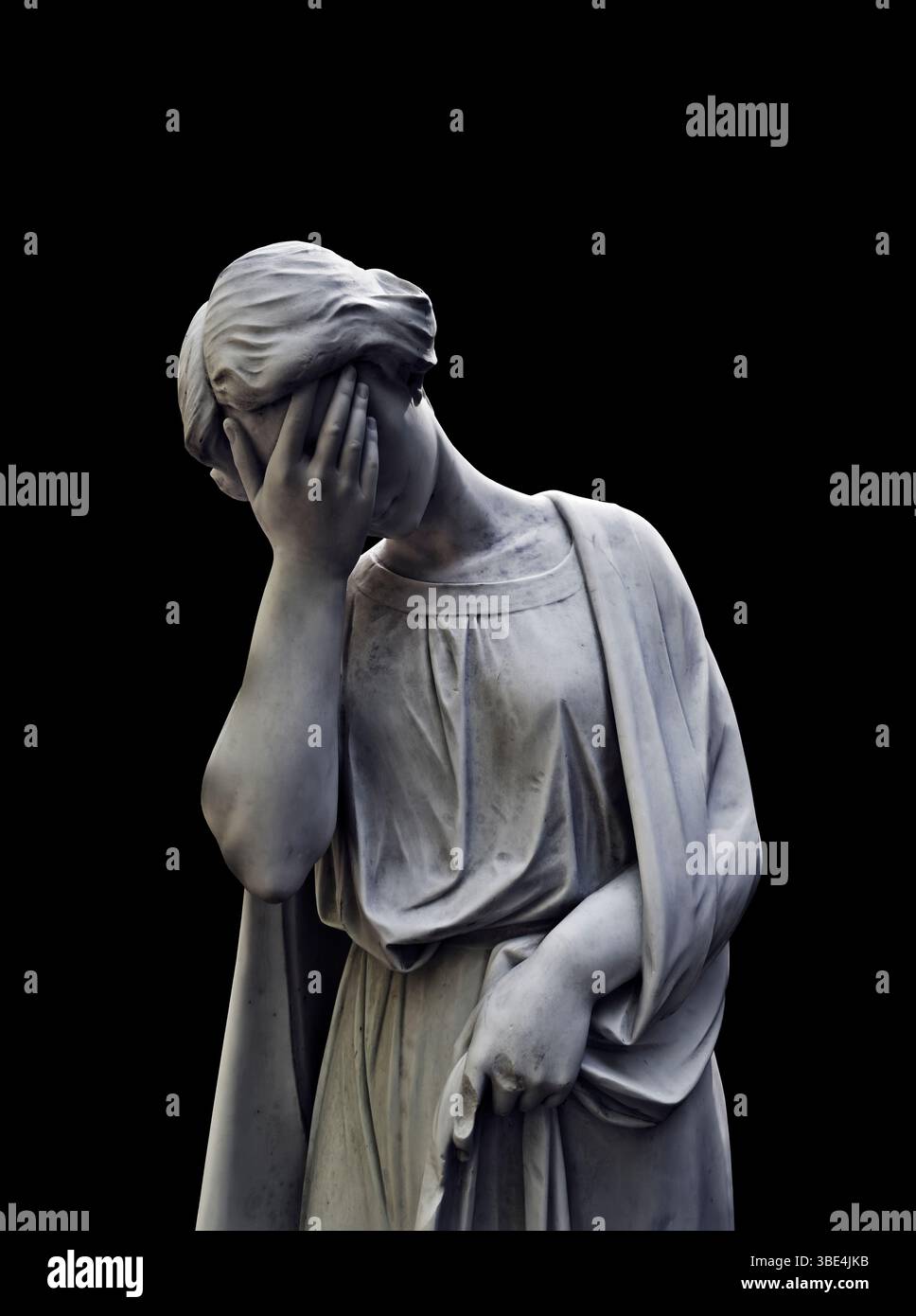 Carved stone cemetery statue of a woman expressing grief isolated on ...