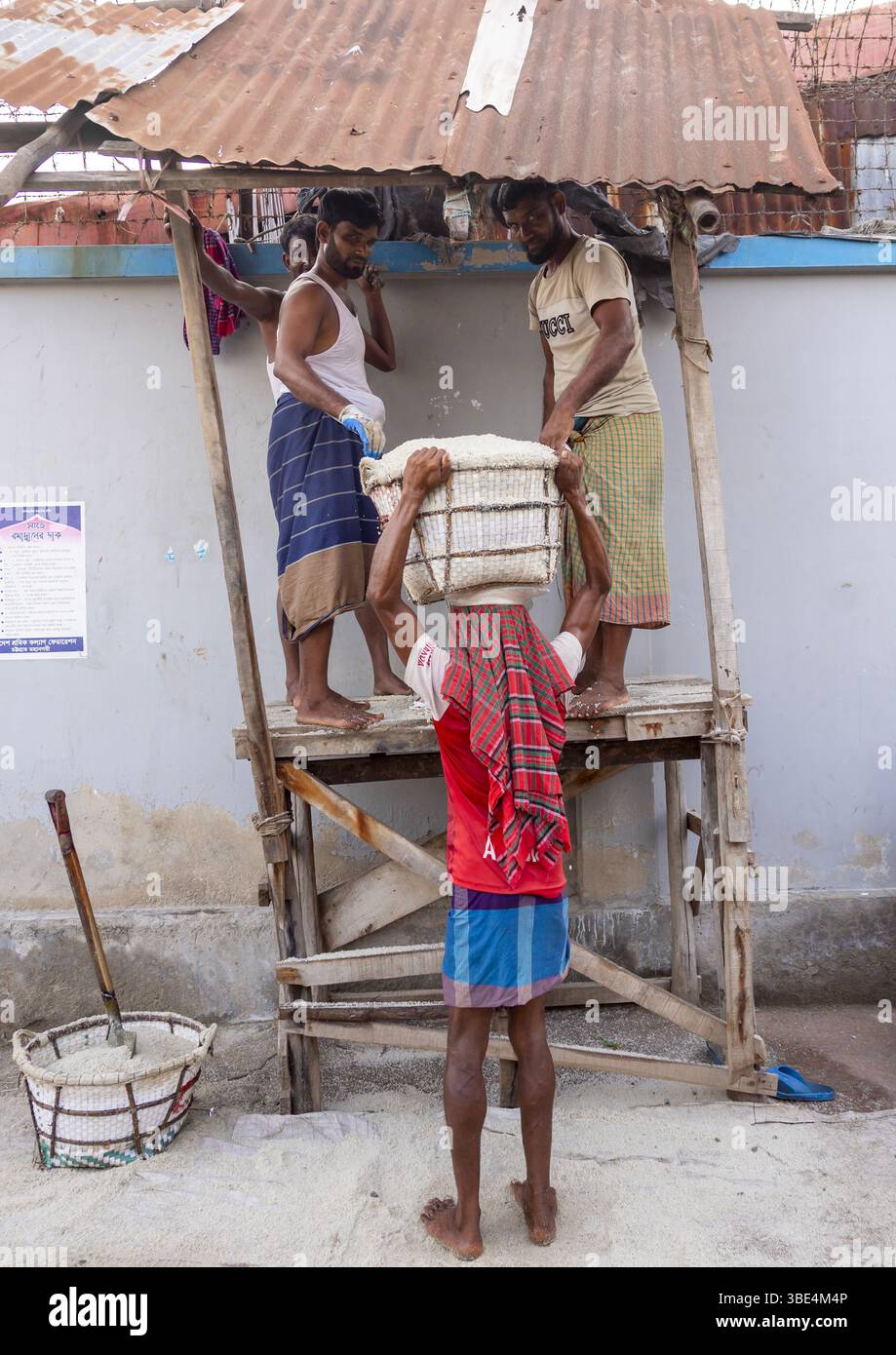 Bangladeshi men weighing baskets with salt at a factory, Chittagong ...