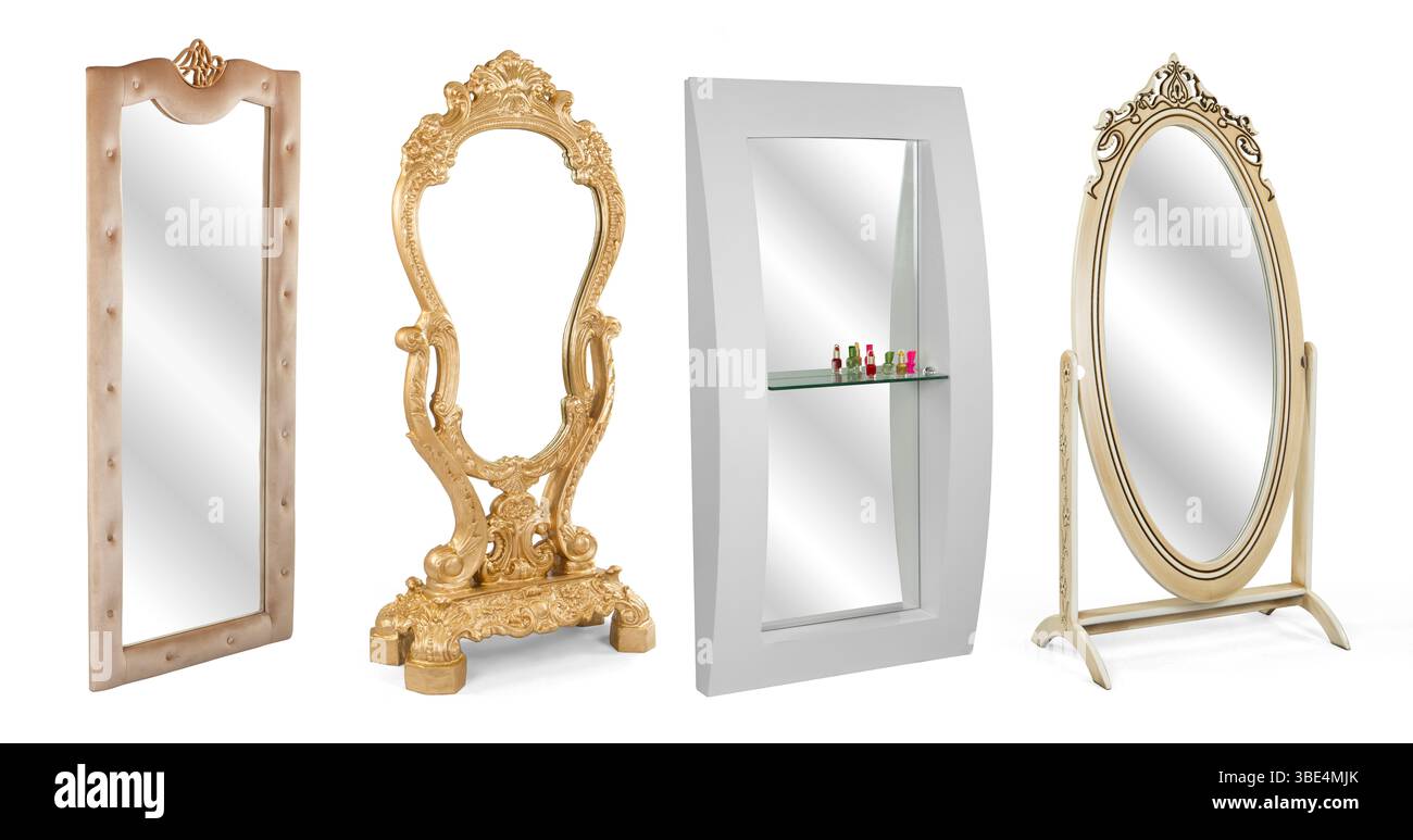 Different Decorative standing mirror isolated on white background Stock ...
