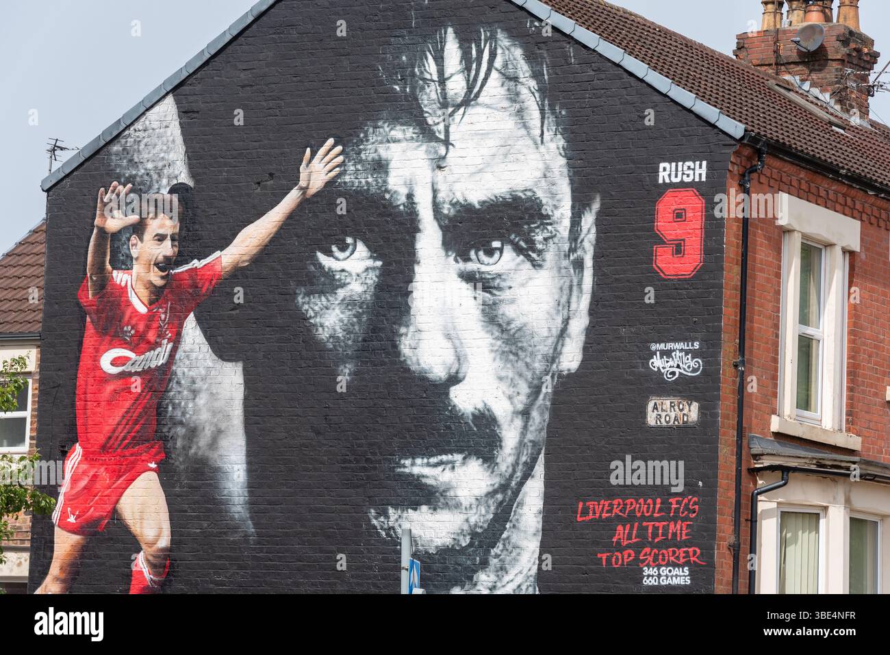 Ian Rush graffiti art mural on the end of a residential terrace near ...