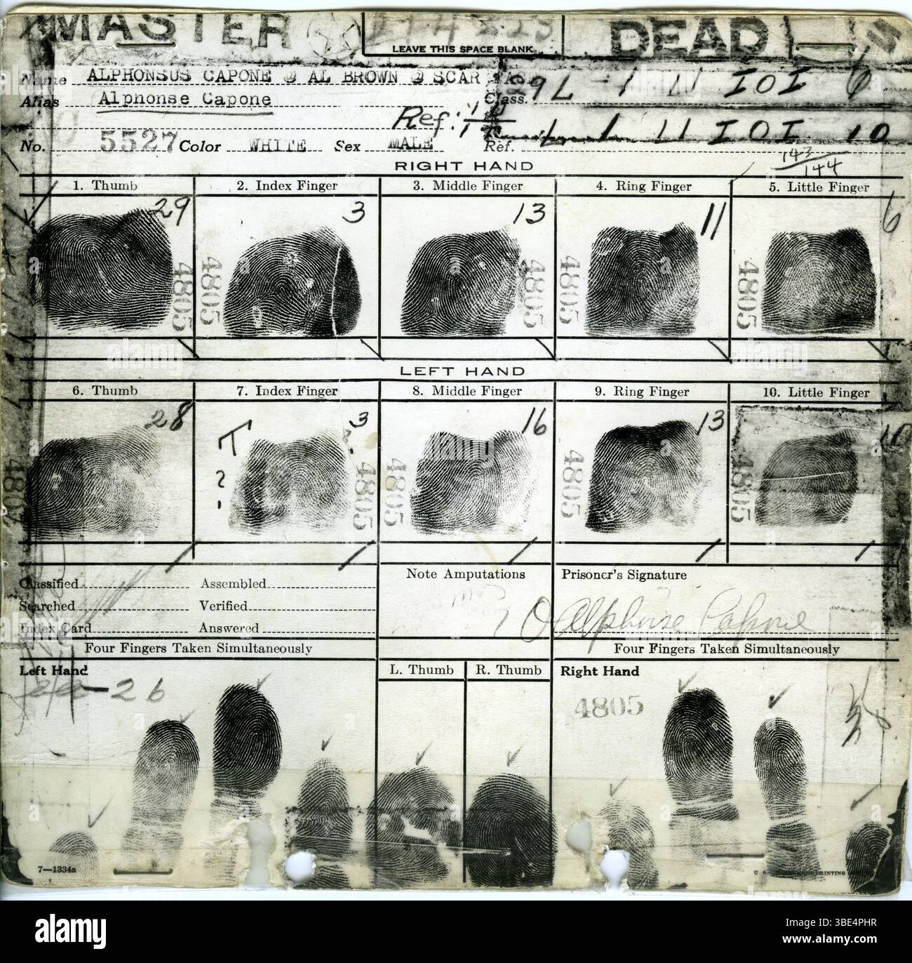 Fingerprint card of Al Capone, taken during his arrest. Alphonse ...