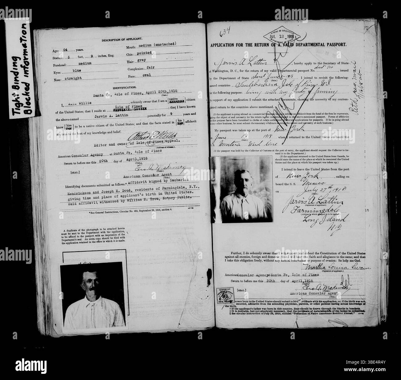 Jarvis Andrew Lattin (1853-1941) passport (1918), page 2 of 2 Stock ...