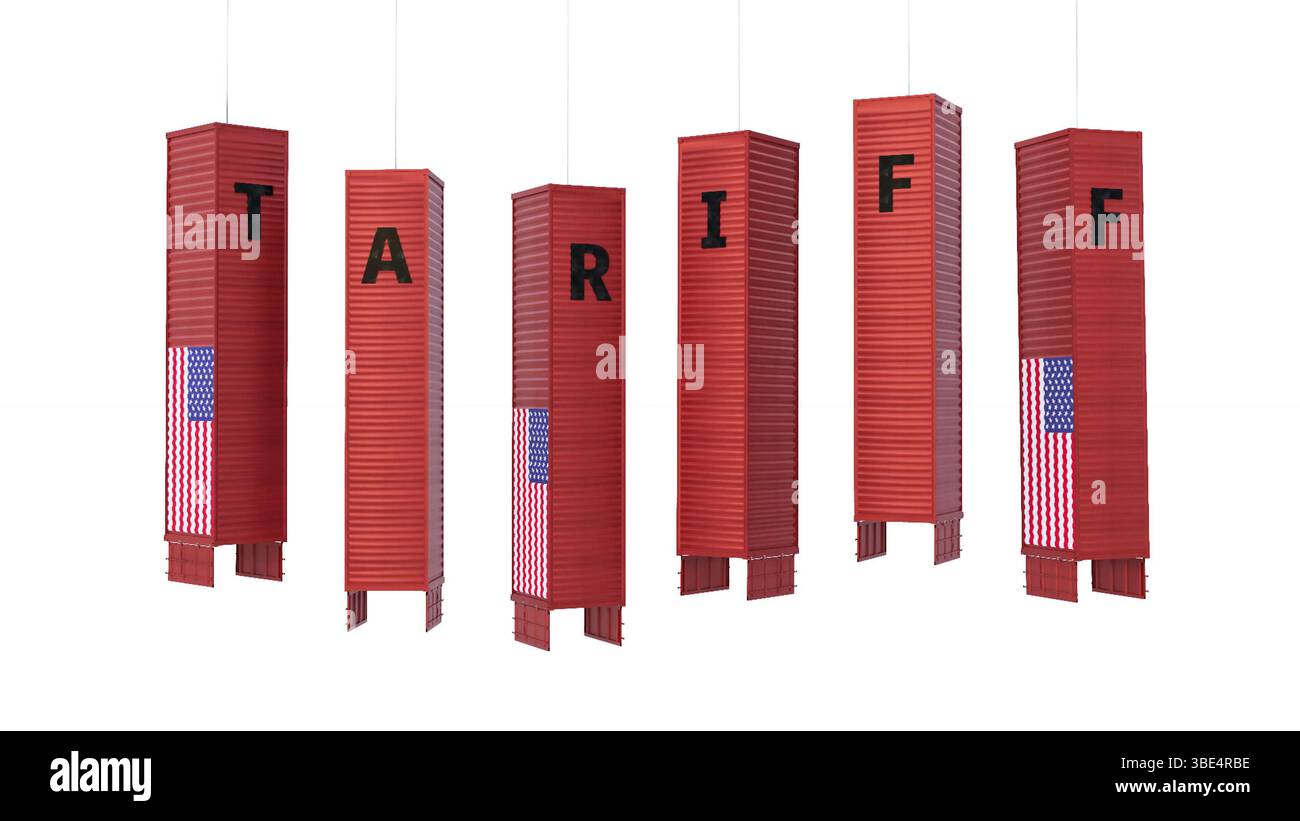 Vertically hanging red containers with bold black letters spelling ...