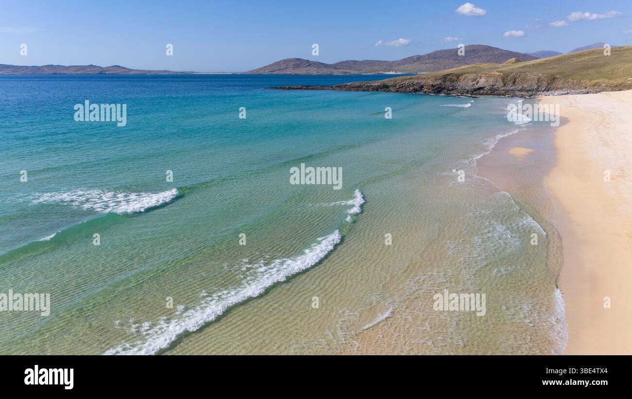An aerial view of the sea at Nisabost Beach on the Isle of Harris ...