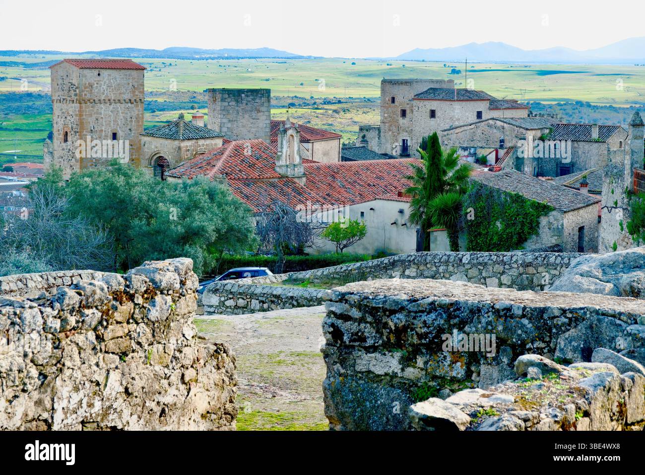 Landscape view from the medieval Alcazaba with the tower of the palacio ...