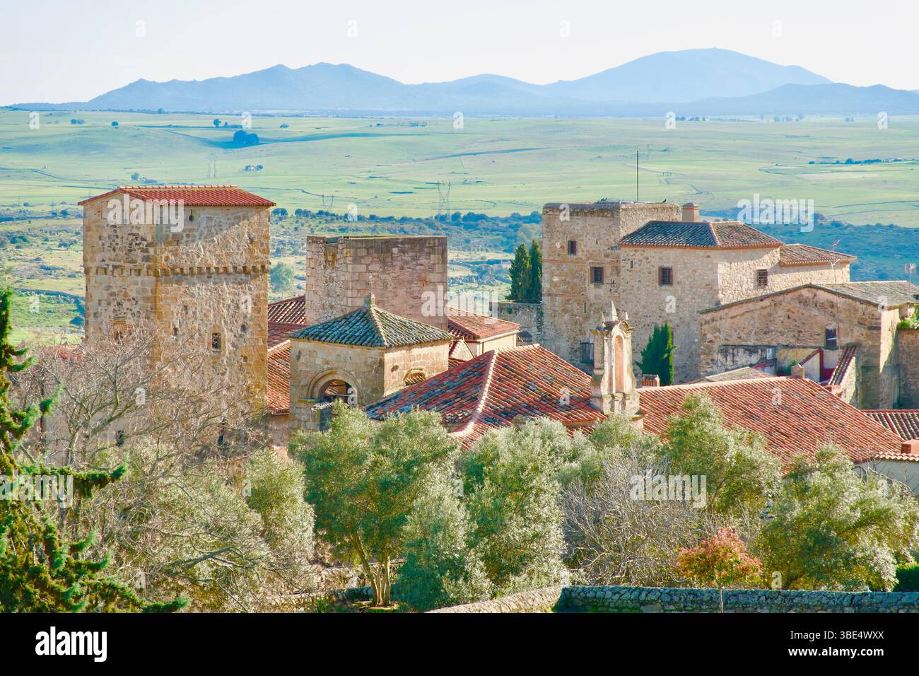 Landscape view from the Alcazaba de Trujillo with the tower of the 15th ...