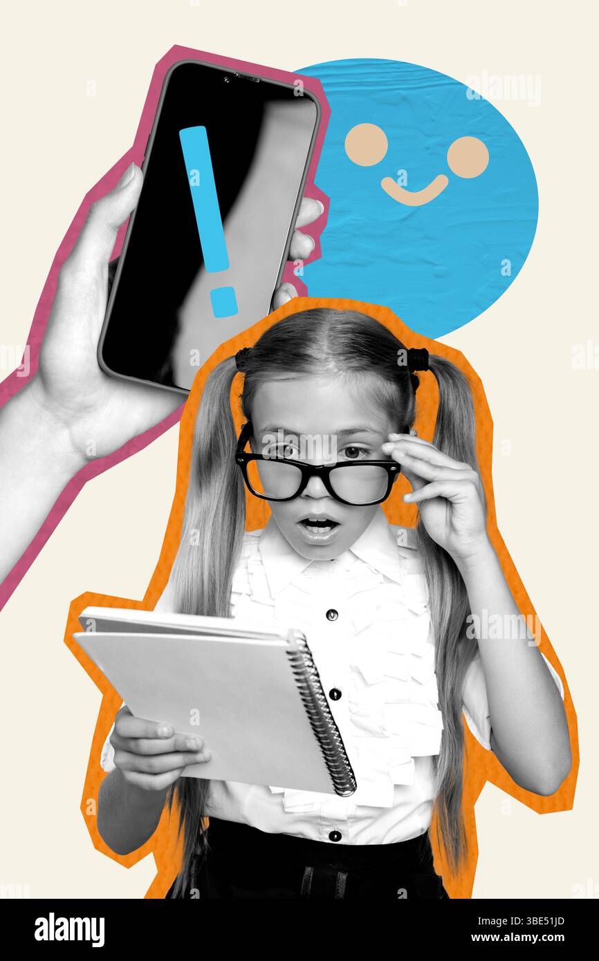 Trend image vertical photo collage of shocked preteen schoolgirl stand ...