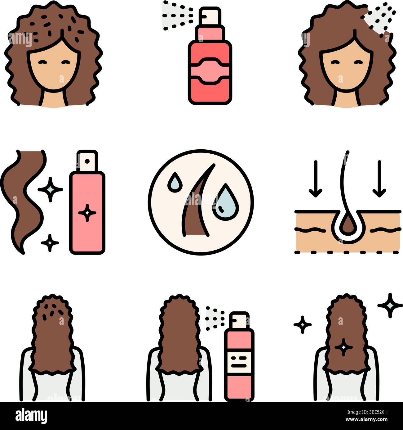 Curly Hair Care Products color icons set. Curly Method. Hairstyle ...