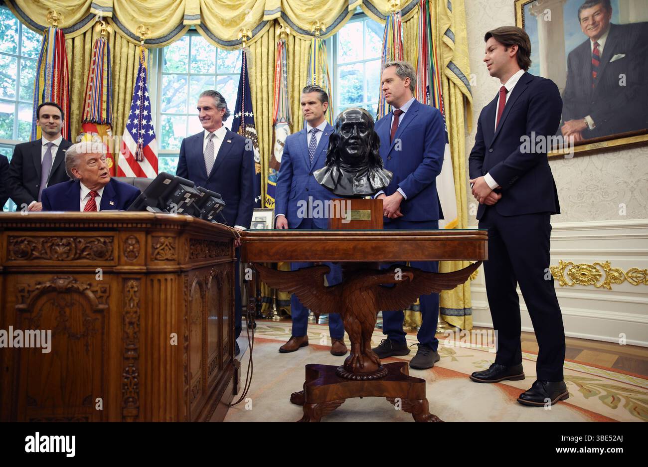 United States President Donald J Trump is joined by US Secretary of the ...