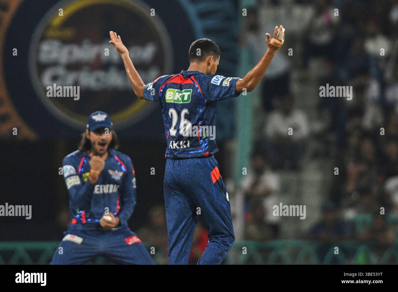 Lucknow Super Giants' Akash Singh celebrates the dismissal of Royal ...